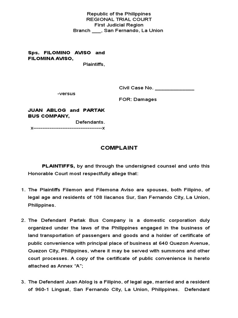 Quasi Delict Complaint | PDF | Negligence | Damages