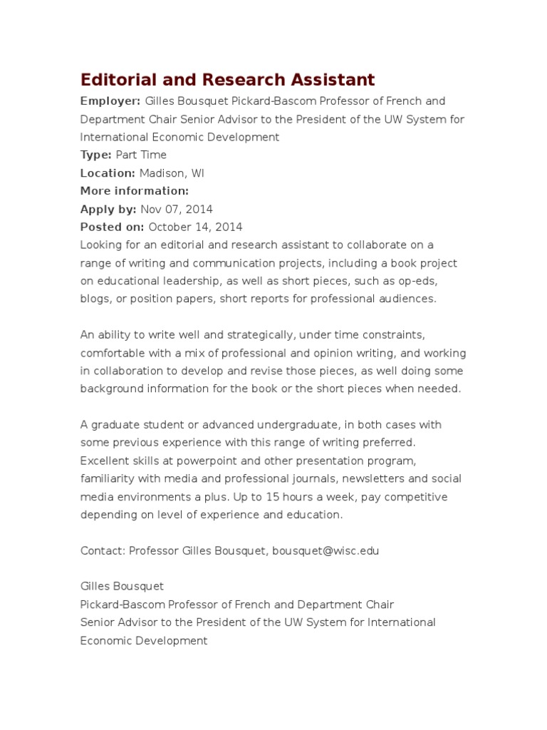 Editorial and Research Assistant: Employer: Gilles Bousquet Pickard ...