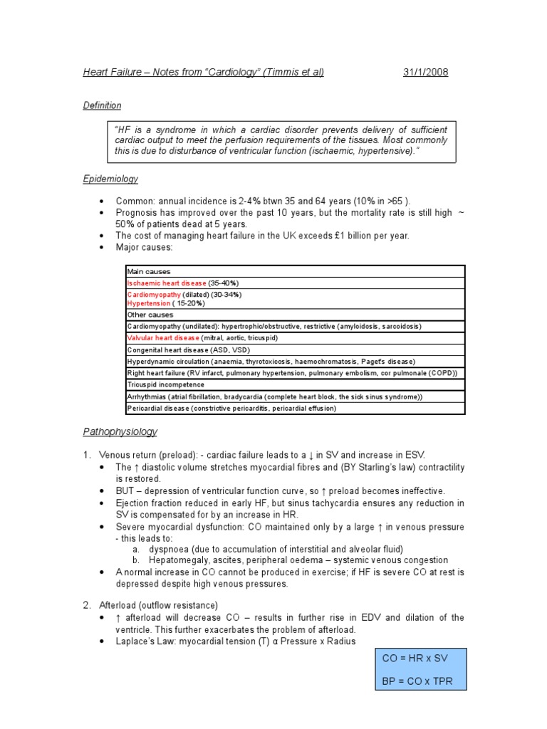 Heart Failure - Notes From "Cardiology" (Timmis Et Al) : Main Causes ...
