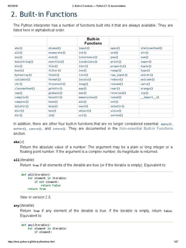 Python 27 Built In Functions Pdf Parameter Computer Programming