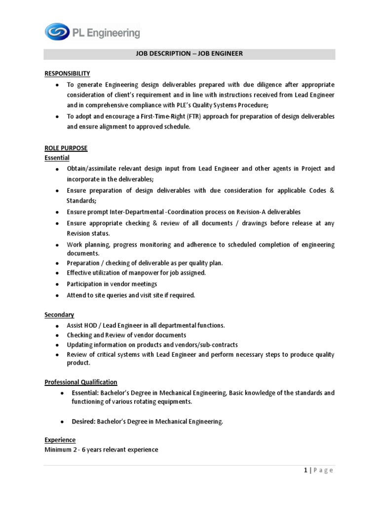 JD - Mechanical Rotating & Pkgs - Job Engineer | PDF