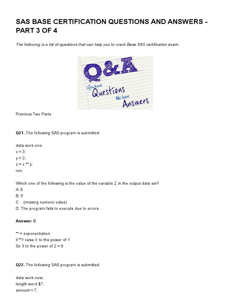 SAS BASE CERTIFICATION QUESTIONS AND ANSWERS - PART 3 OF 4 - Listen ...