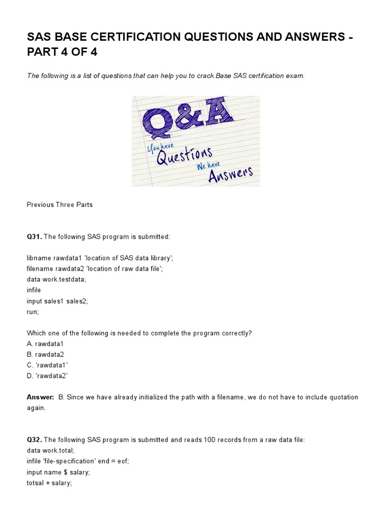SAS BASE CERTIFICATION QUESTIONS AND ANSWERS - PART 4 OF 4 - Listen ...
