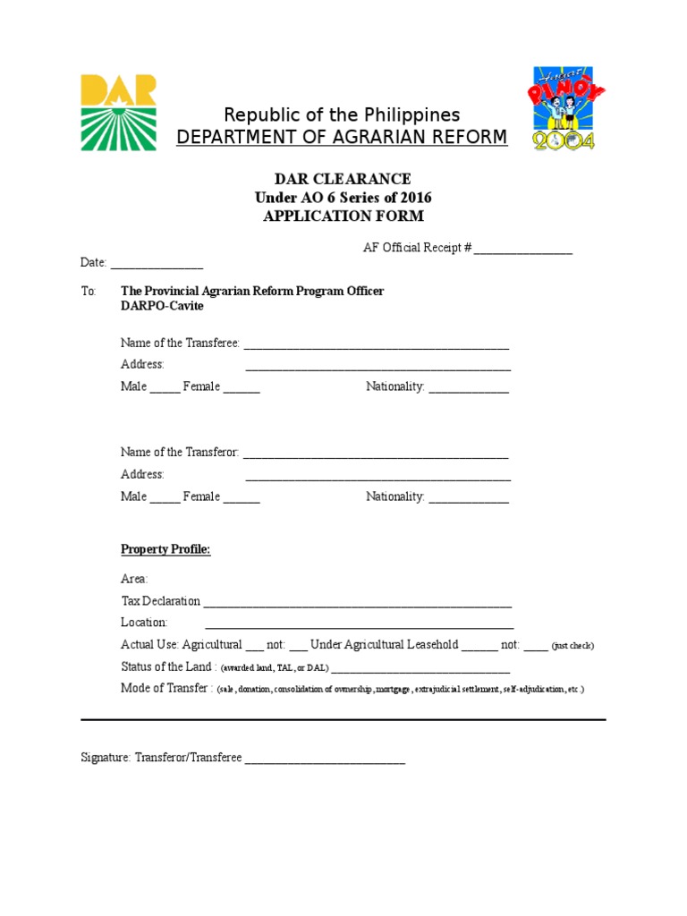DAR Clearance Application Form (Blank) | PDF | Property Law | Real ...