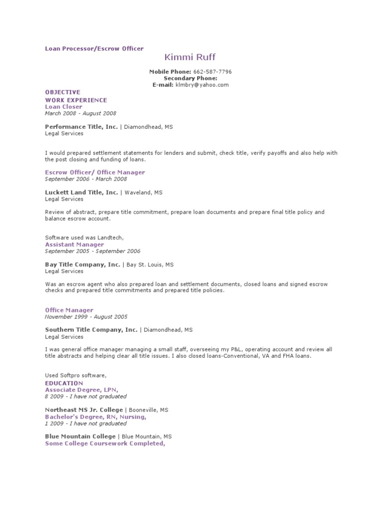 Loan Processor and Escrow Officer Resume | PDF
