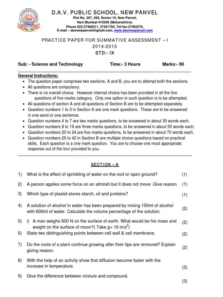 Class 9 Science SA1 Practice Paper | PDF | Acceleration | Force