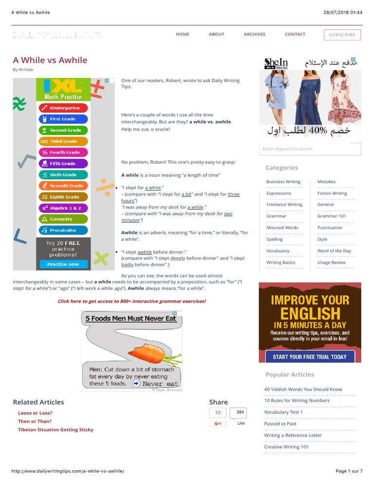 ''A While'' Vs ''Awhile'' | PDF | Adverb | Preposition And Postposition