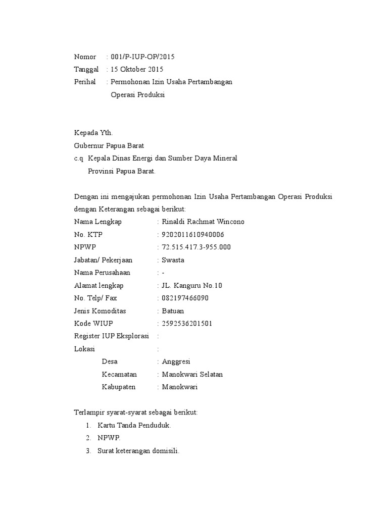 Surat Permohonan IUP-OP | PDF