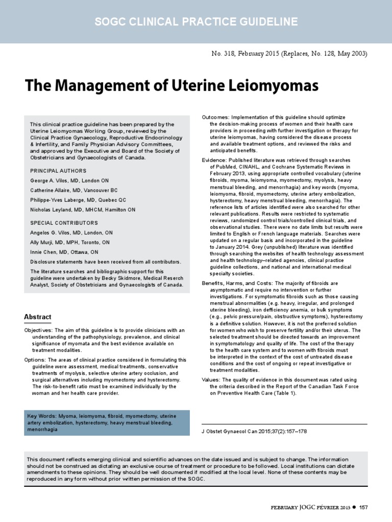 SOGC Guidelines on Uterine Leiomyomas | PDF | Estrogen | Menopause