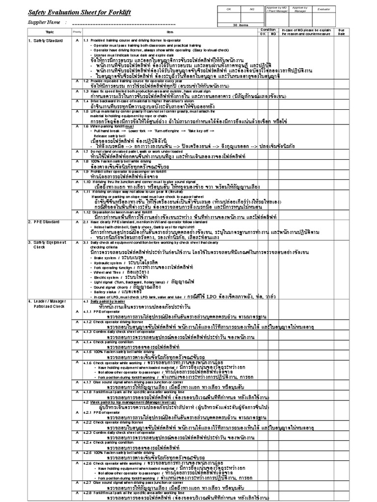 Forklift - Safety Check Sheet | PDF