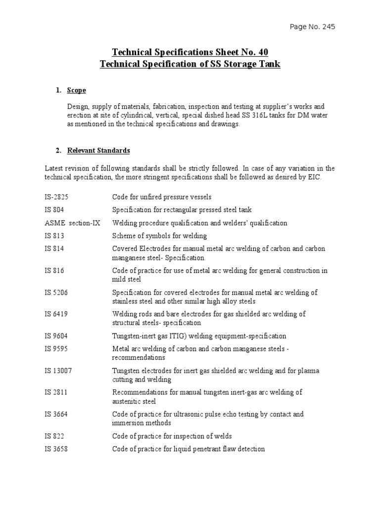 DM Water Tank Specification | PDF | Welding | Construction