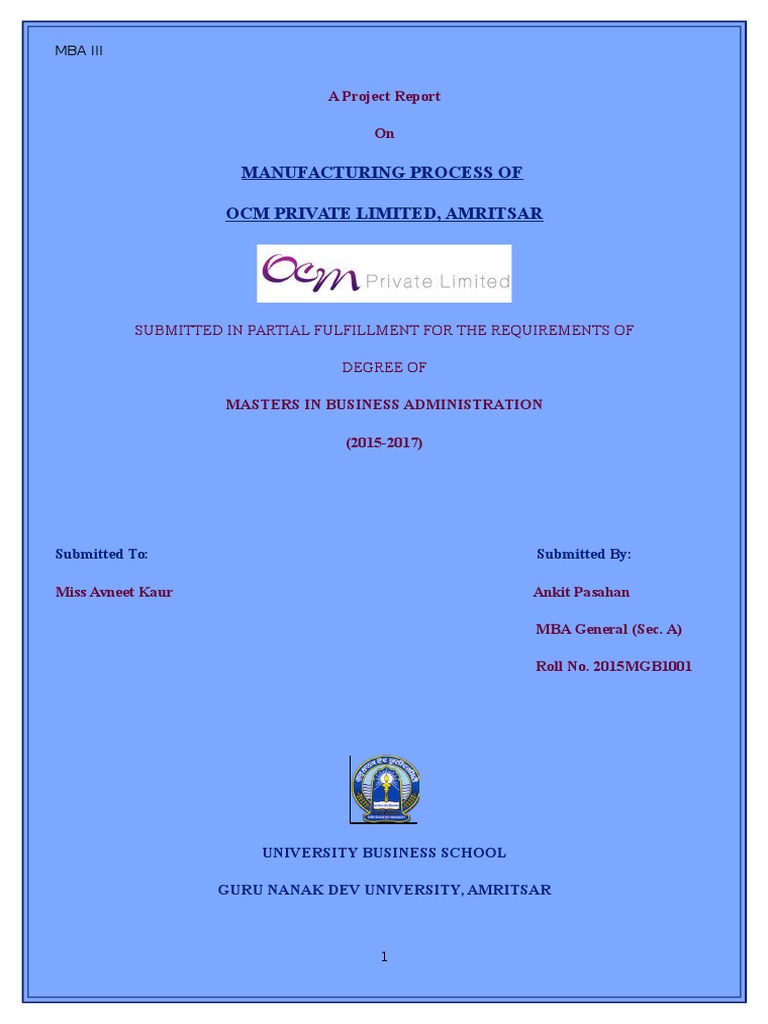 Manufacturing Process of Ocm Private Limited, Amritsar: A Project ...