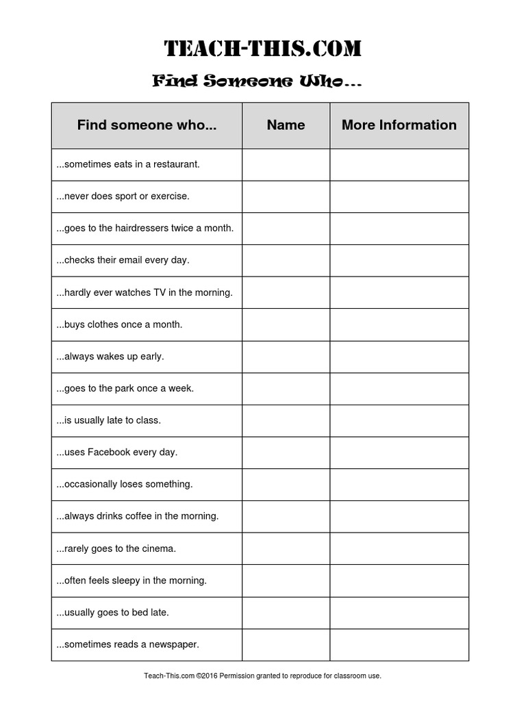 Find Someone Who Adverbs of Frequency | PDF | Communication | Cognition