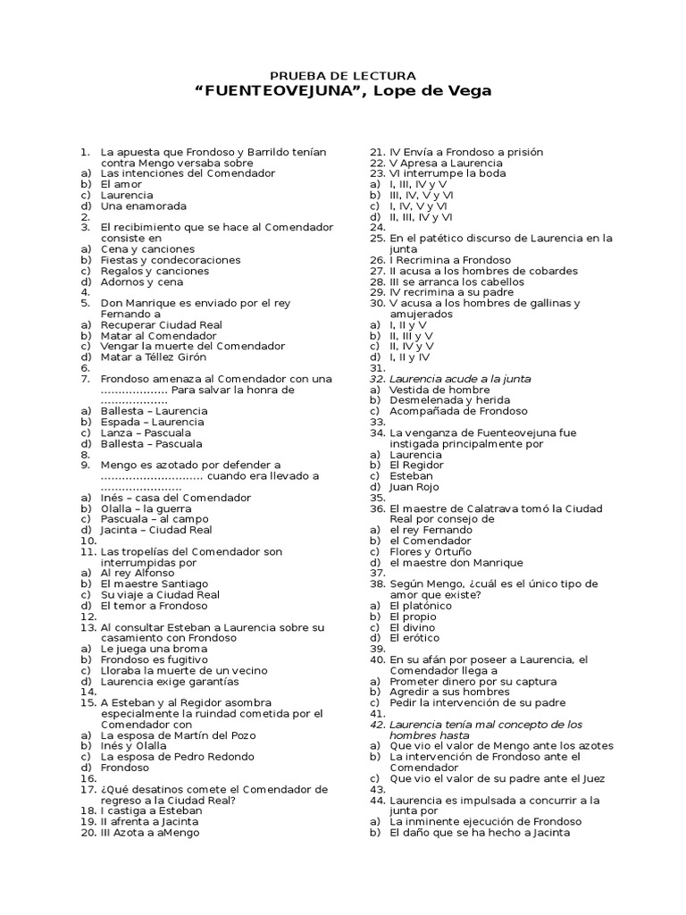 Examen de lectura: Fuenteovejuna | PDF | Violencia | Agitación