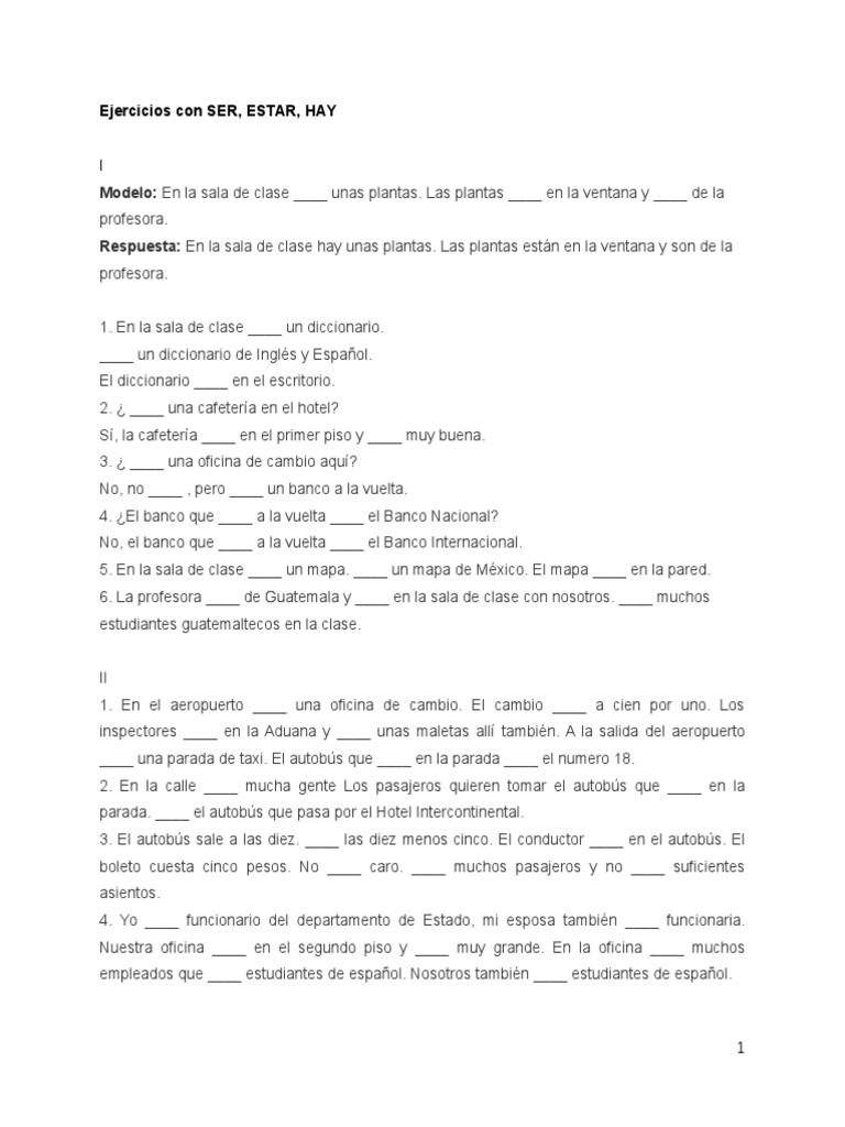 Ejercicios Con SER. ESTAR, HAY | PDF | Hotel | Autobús