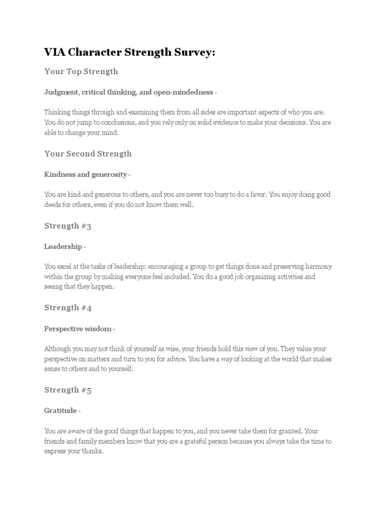 Via Character Strength Survey | PDF | Courage | Self Control