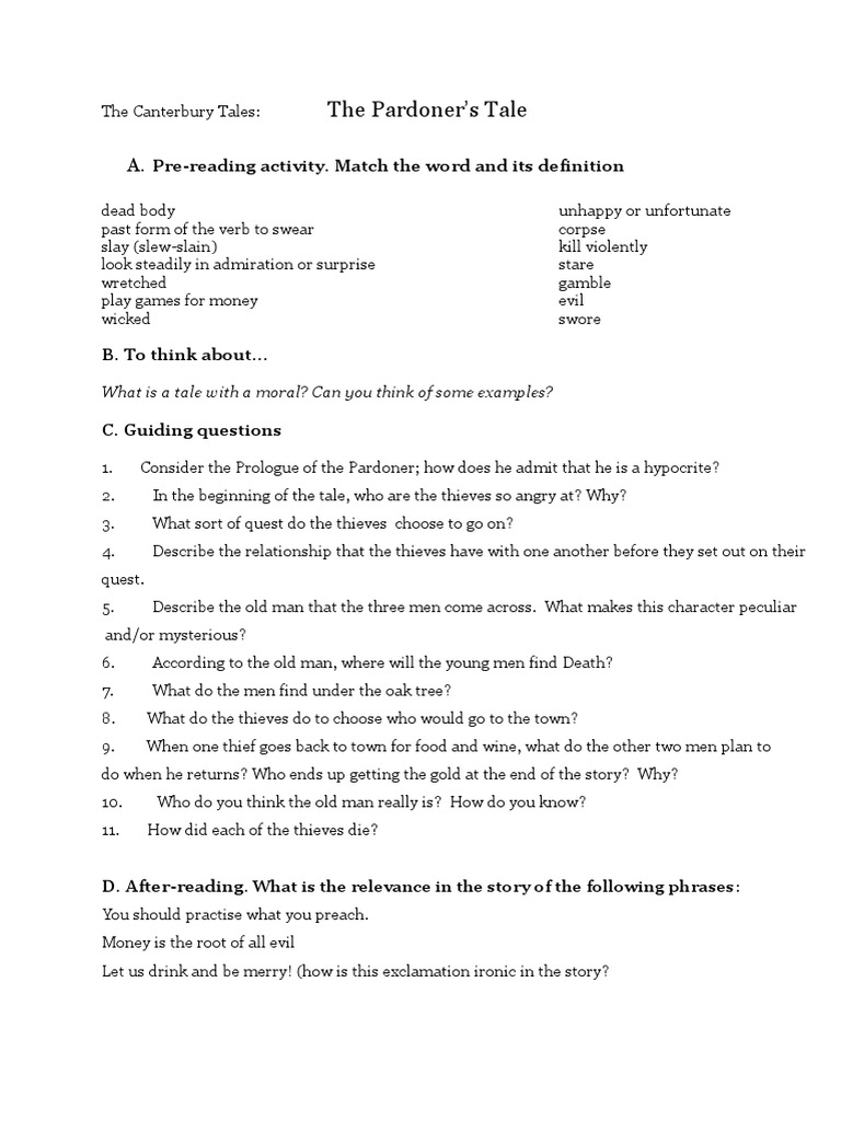 The Pardoners Tale Guidingquestions VERSIONforbooklet 2016 | PDF ...