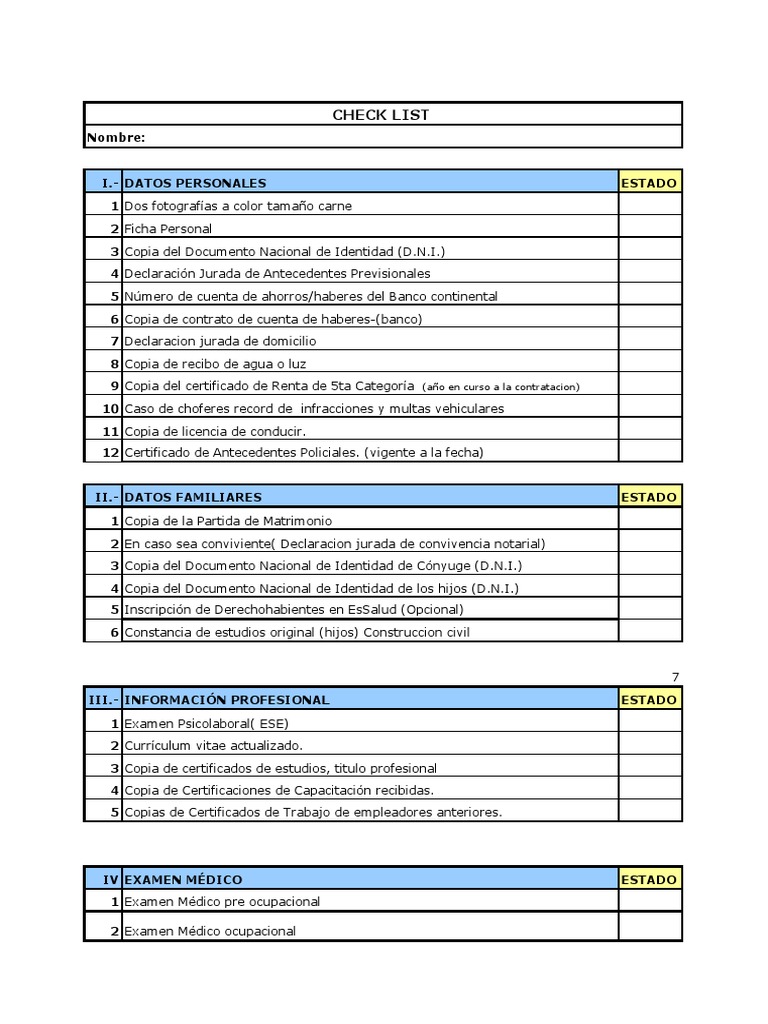 CHECK LIST - Documentos de Ingreso | PDF