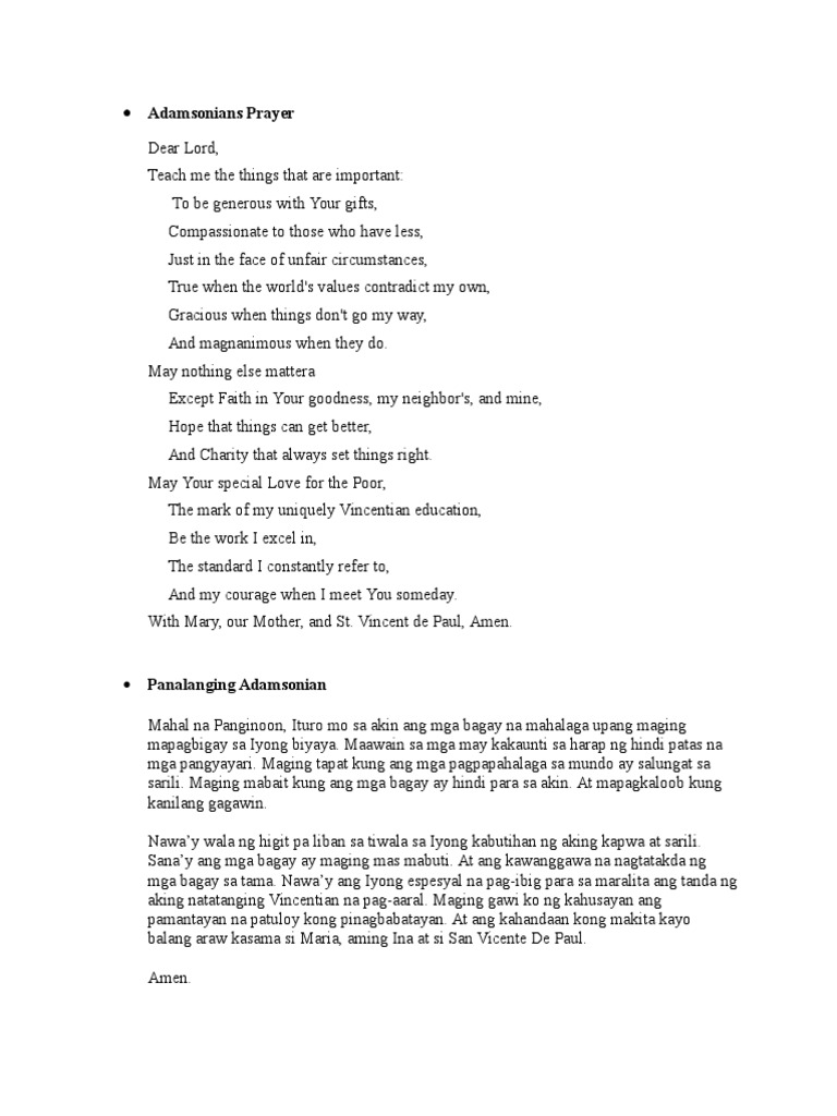 Adamsonian Prayer and Mission & Vision