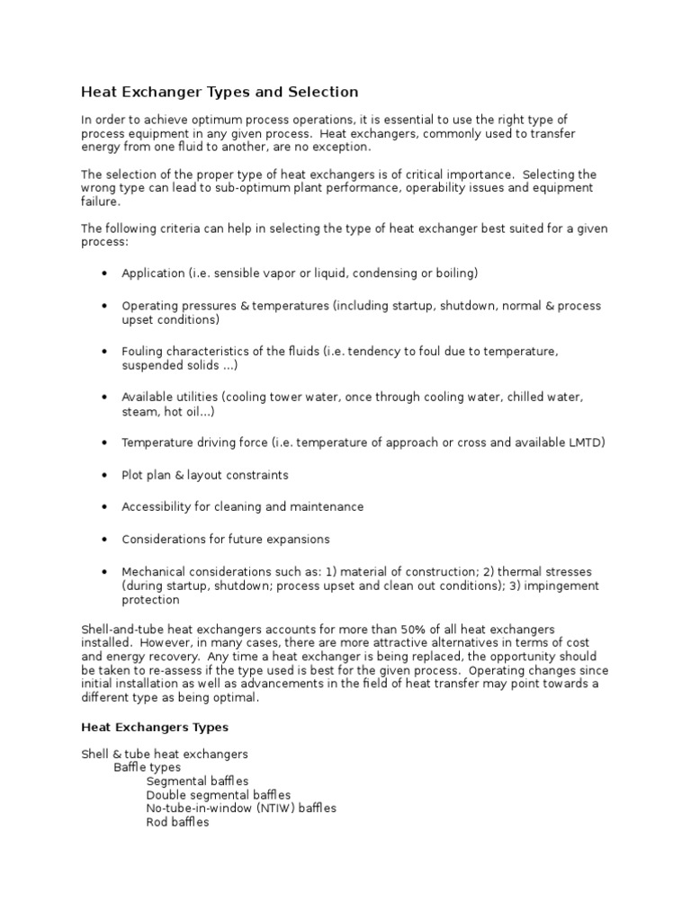 Heat Exchanger Types and Selection | PDF | Heat Exchanger | Heat Transfer