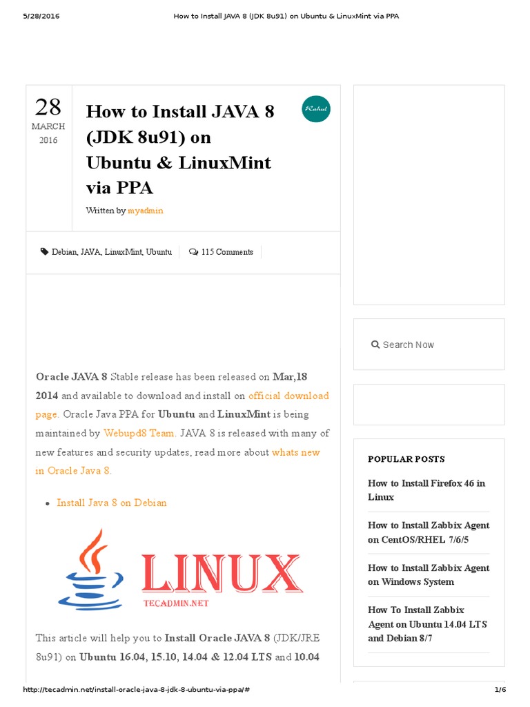 How To Install Java 8 Jdk 8u91 On Ubuntu And Linuxmint Via Ppa Pdf Java Version History