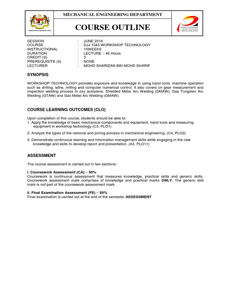 Course Outline Djj1043(2016) | Welding | Numerical Control