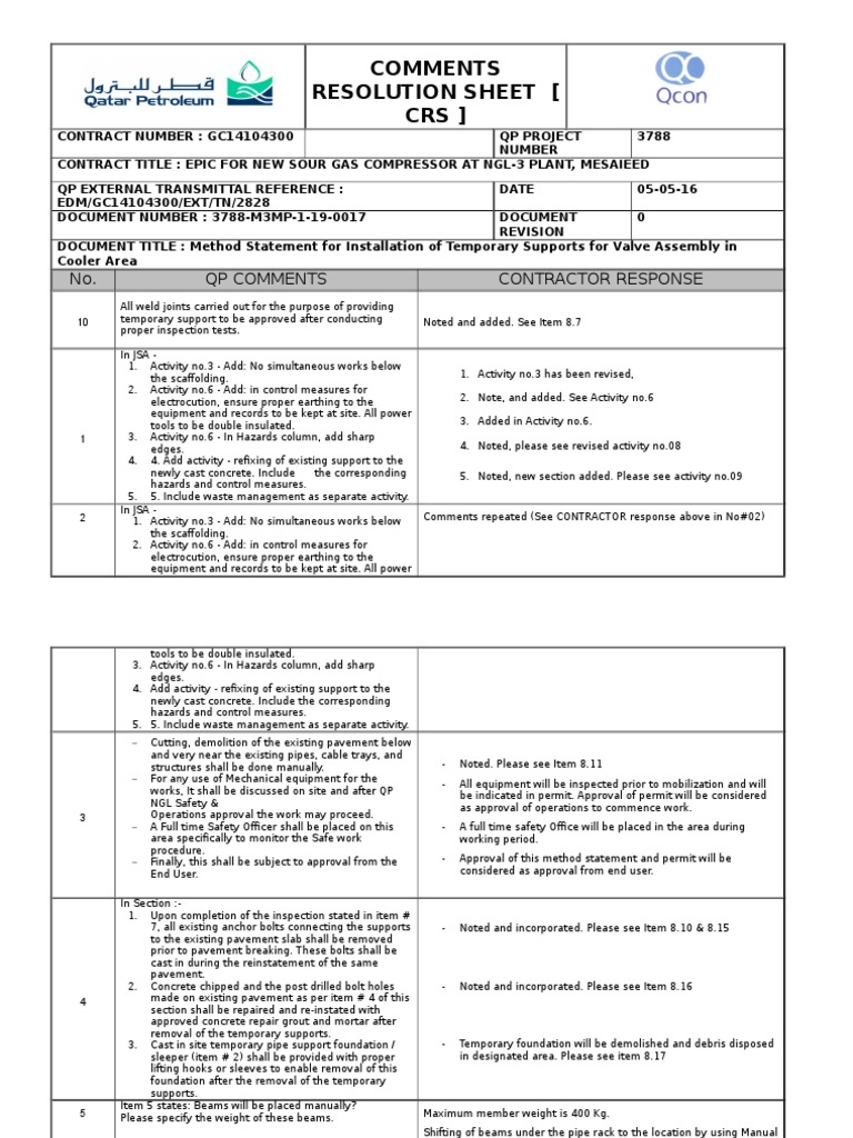 Comments Resolution Sheet (CRS) : No. QP Comments Contractor Response ...