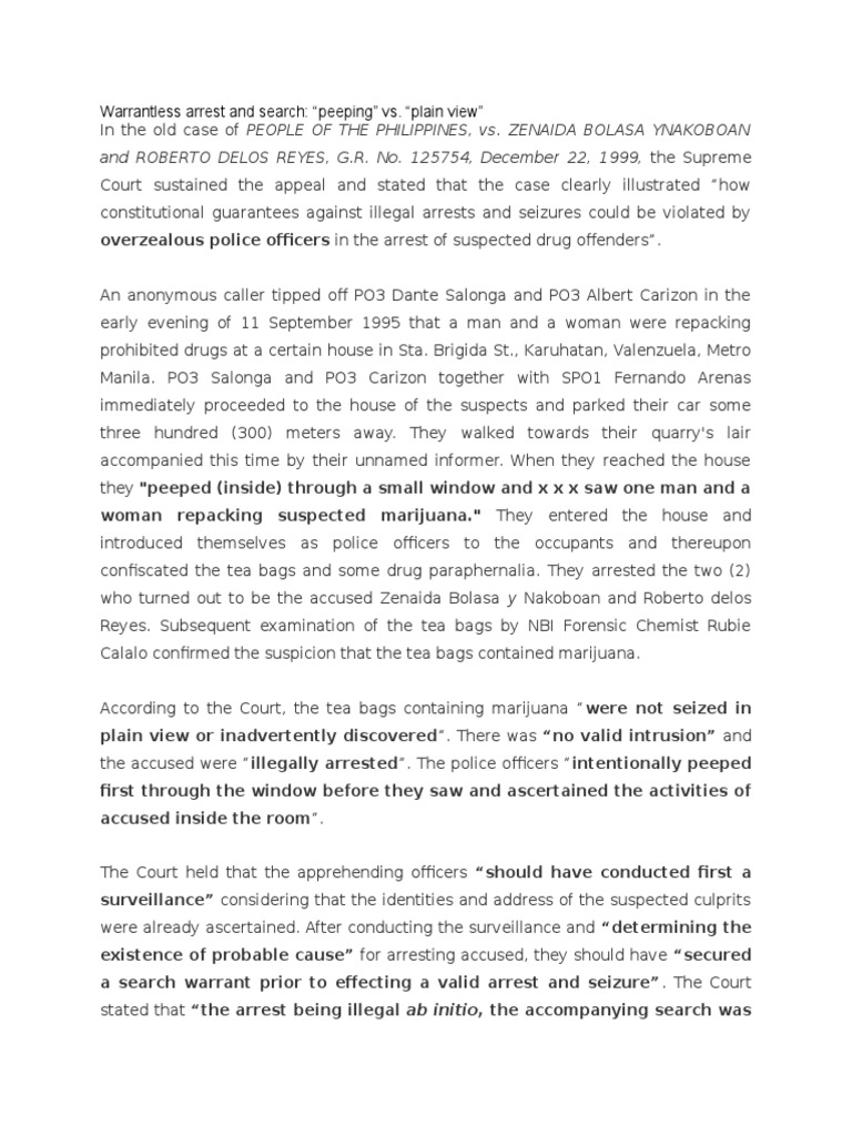 Warrantless Arrest and Search - "Peeping" Vs | PDF | Search And Seizure ...
