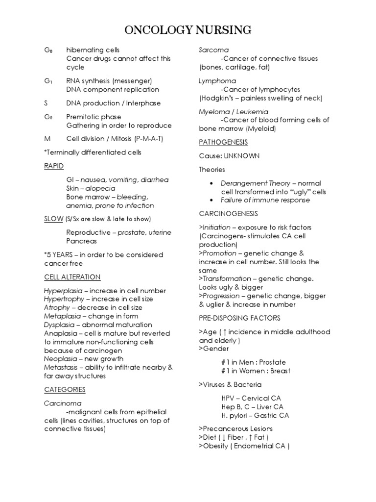 Oncologic NRSG Notes | PDF | Chemotherapy | Cancer