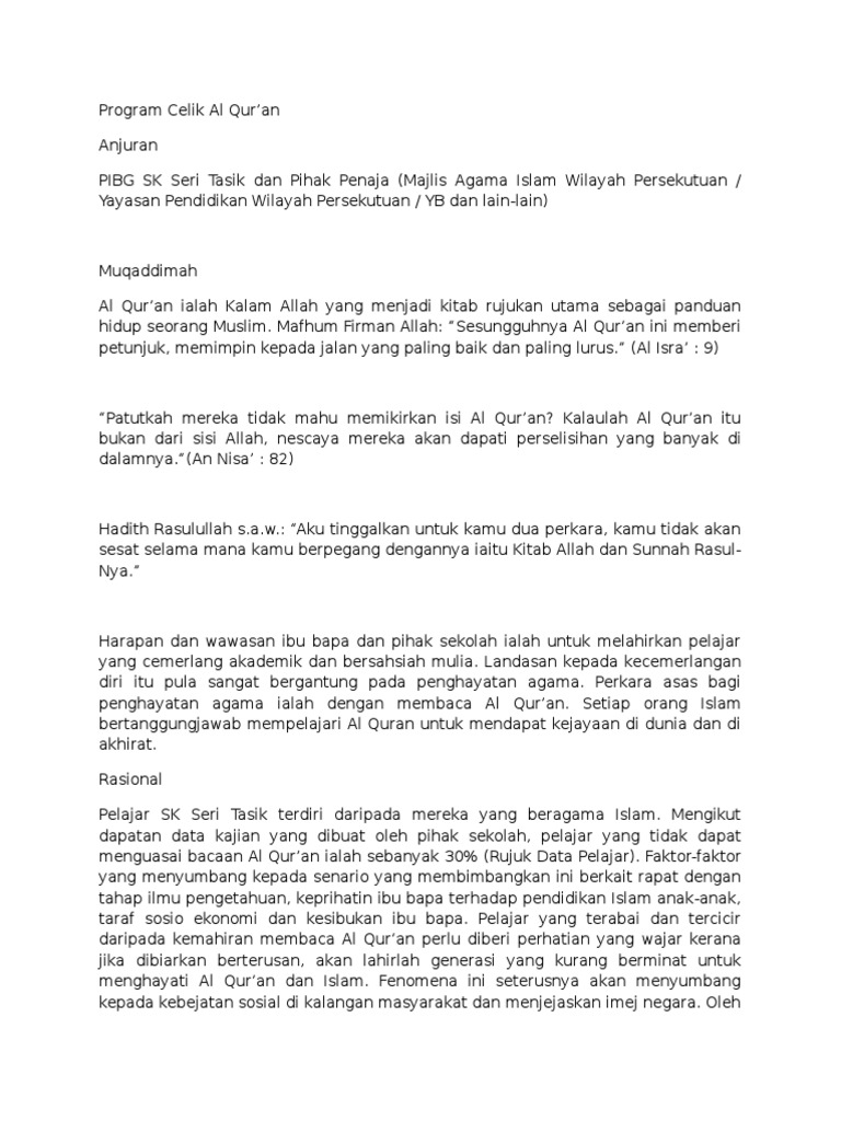 Kertas Kerja Program Celik Al Qur | PDF