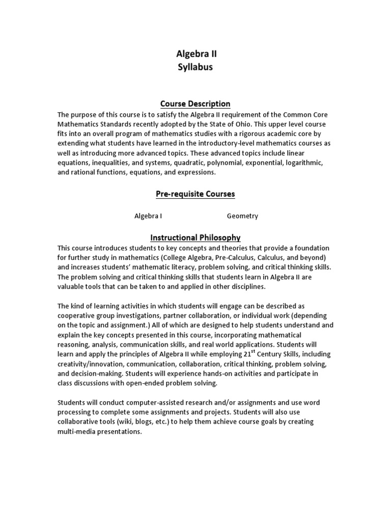 Algebra II Course Syllabus | PDF | Quadratic Equation | Algebra