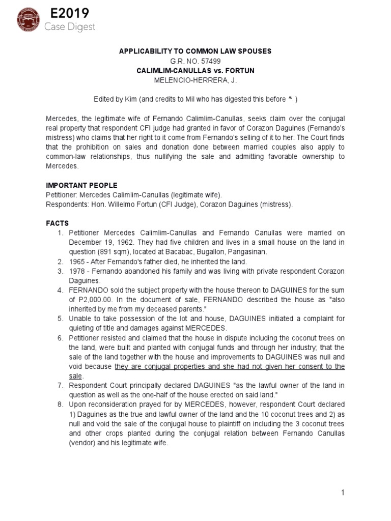 Calimlim-Canullas v. Fortun (Digest) | PDF | Public Policy Doctrine | Marriage