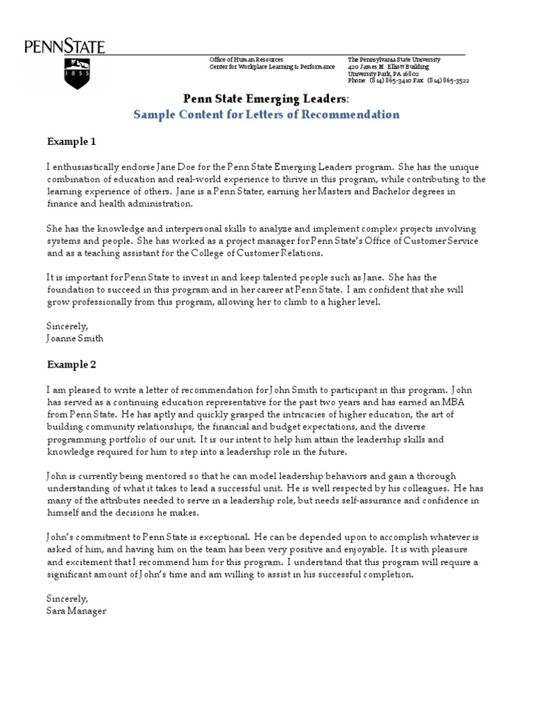 Ps El Sample Letter of Recommendation | PDF | Pennsylvania State ...