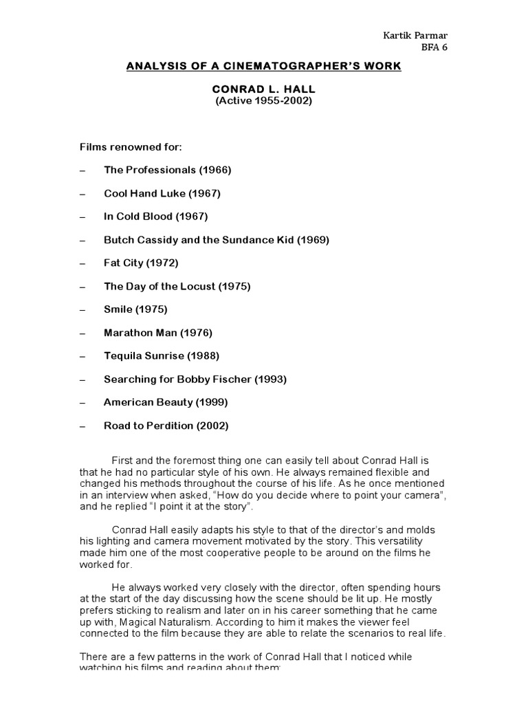 Analysis of A Cinematographer's Work: Conrad Hall | PDF