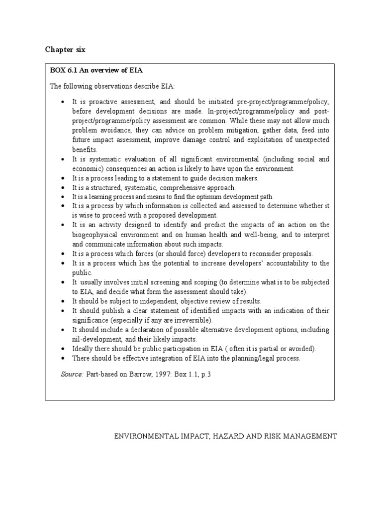 Chapter Six: BOX 6.1 An Overview of EIA | PDF | Environmental Impact ...