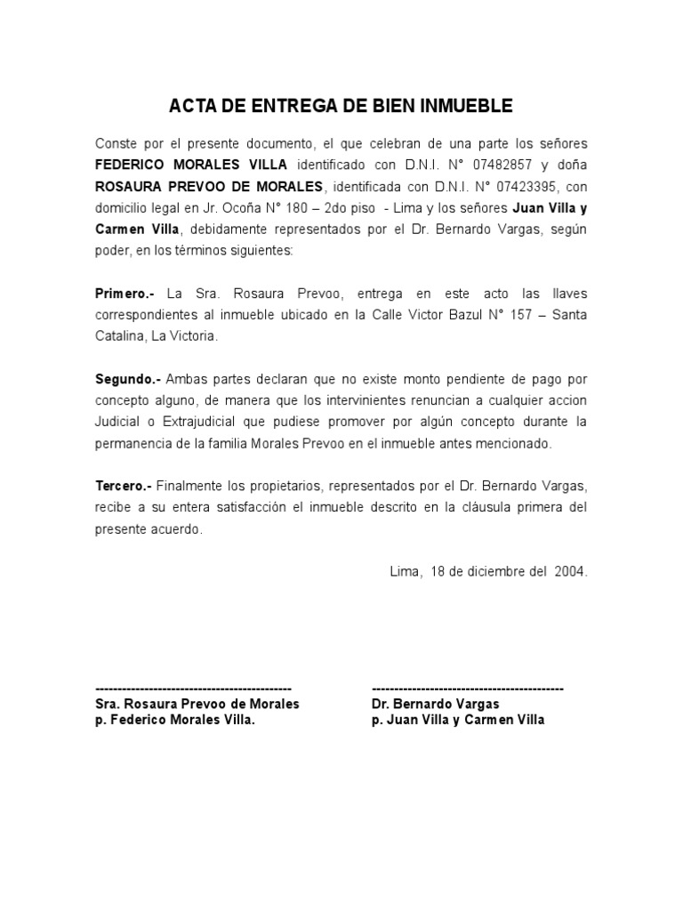 Acta de Entrega de Bien Inmueble Acta de Entrega de Bien Inmueble