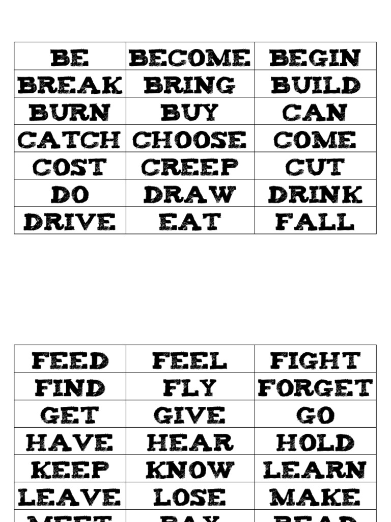 Be Become Begin Break Bring Build Burn Buy Can Catch Choose Come Cost ...