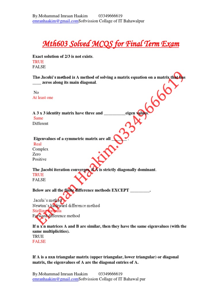 MTH603 Final Term Solved MCQs | PDF | Eigenvalues And Eigenvectors ... MTH603 Final Term Solved MCQs | PDF | Eigenvalues And Eigenvectors ...