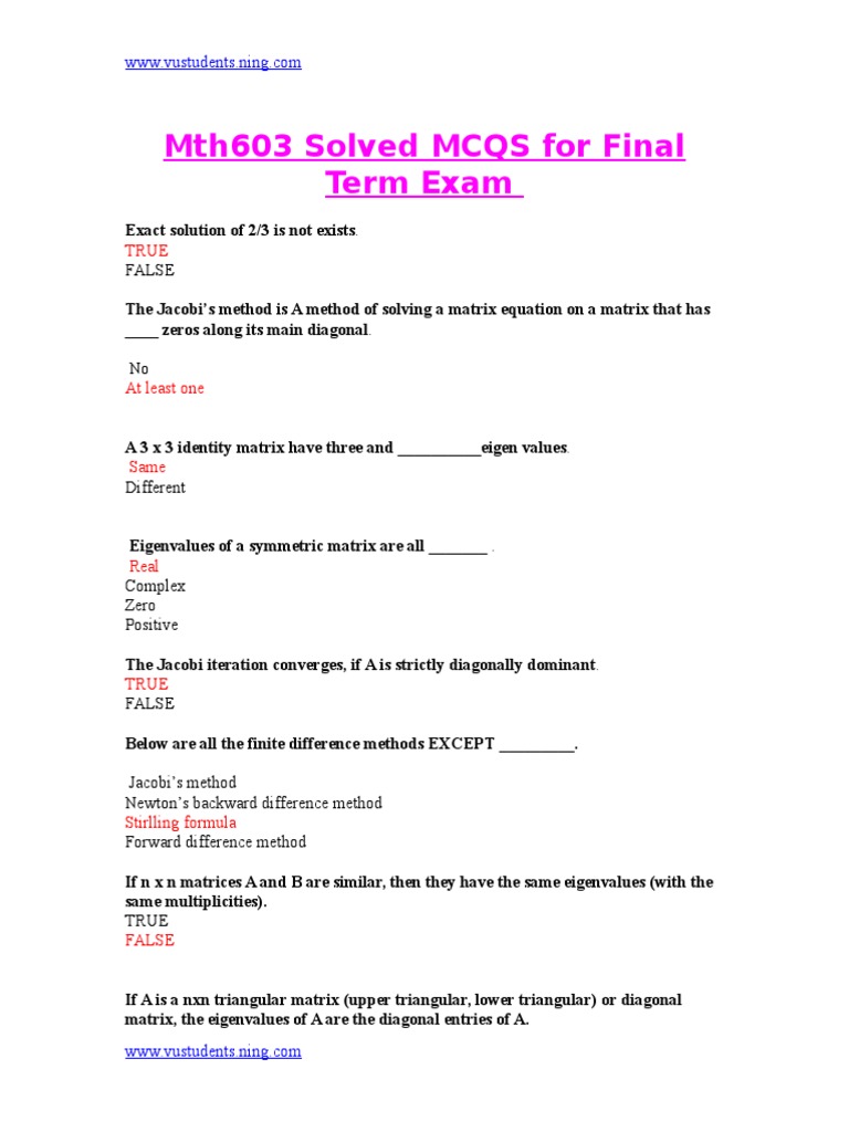 MTH603 Final Term Solved MCQs | PDF | Eigenvalues And Eigenvectors | Matrix (Mathematics)