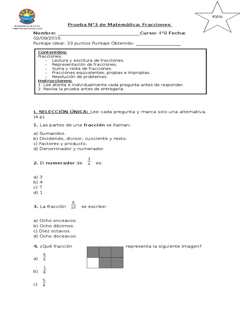 Prueba N3 Matemática Fracciones | PDF