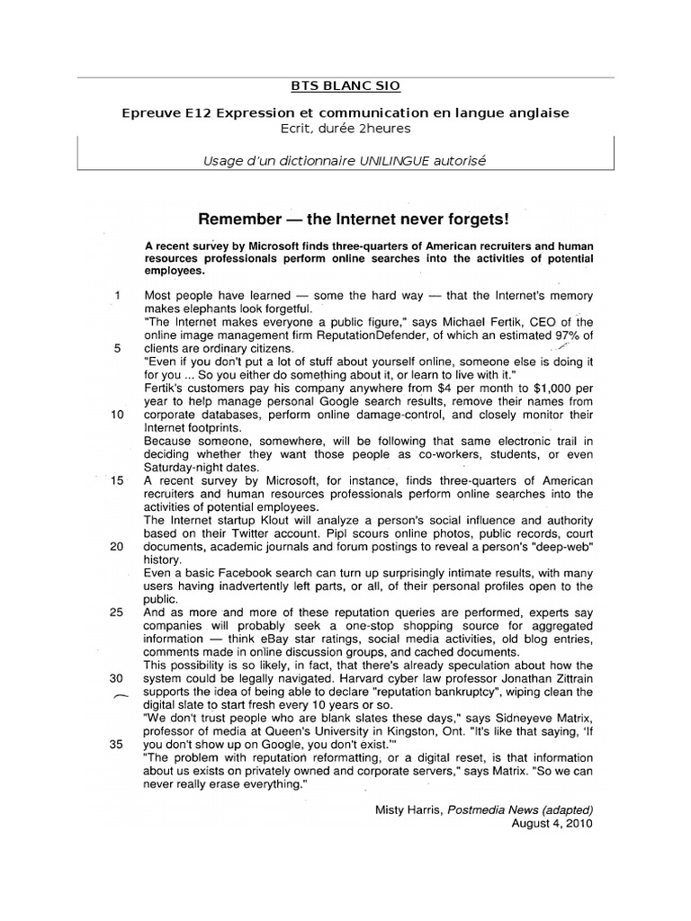 Bts Blanc Sio Epreuve E12 Expression Et Communication en Langue Anglaise | PDF