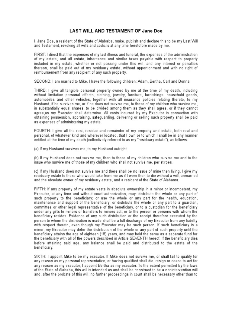 Sample Will | PDF | Executor | Will And Testament