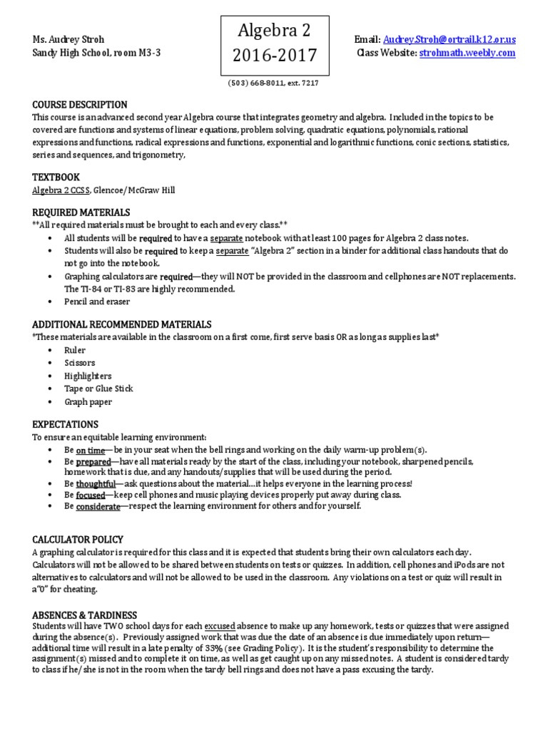 Algebra 2 Syllabus 2016-2017 | PDF | Educational Assessment | Homework