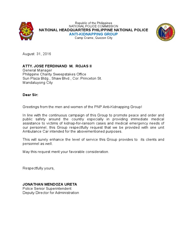 Request for an Ambulance to Enhance Medical Assistance for Kidnap ...