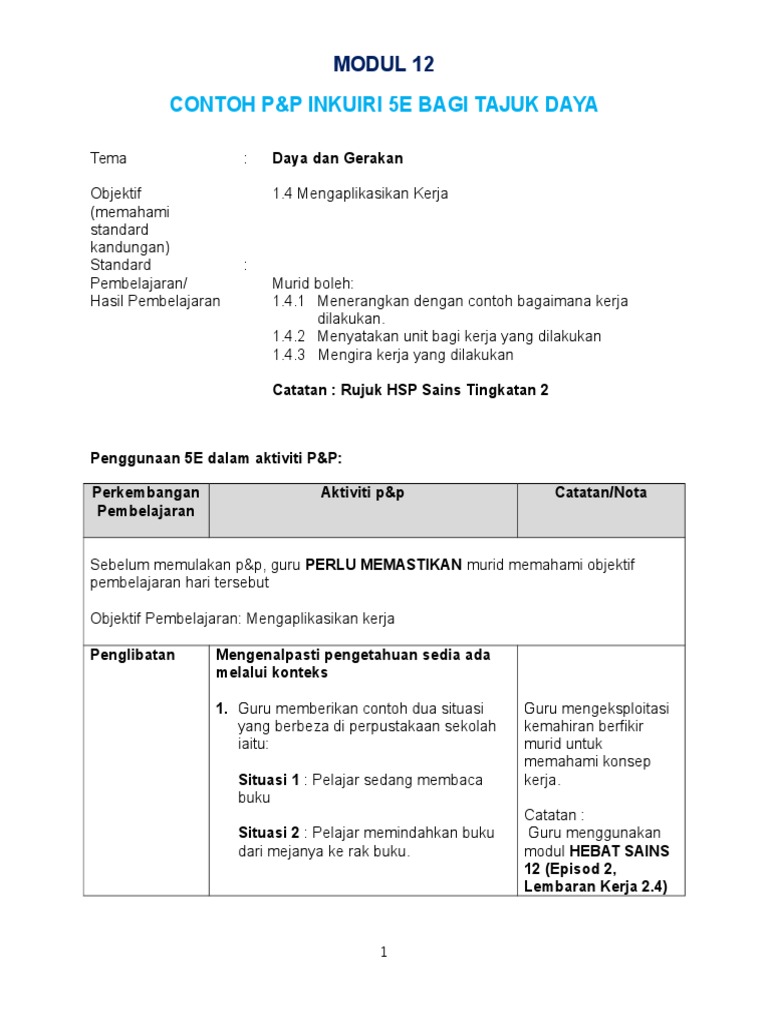 Contoh PDP Inkuiri 5E Bagi Tajuk Daya (Modul 12) Latest | PDF