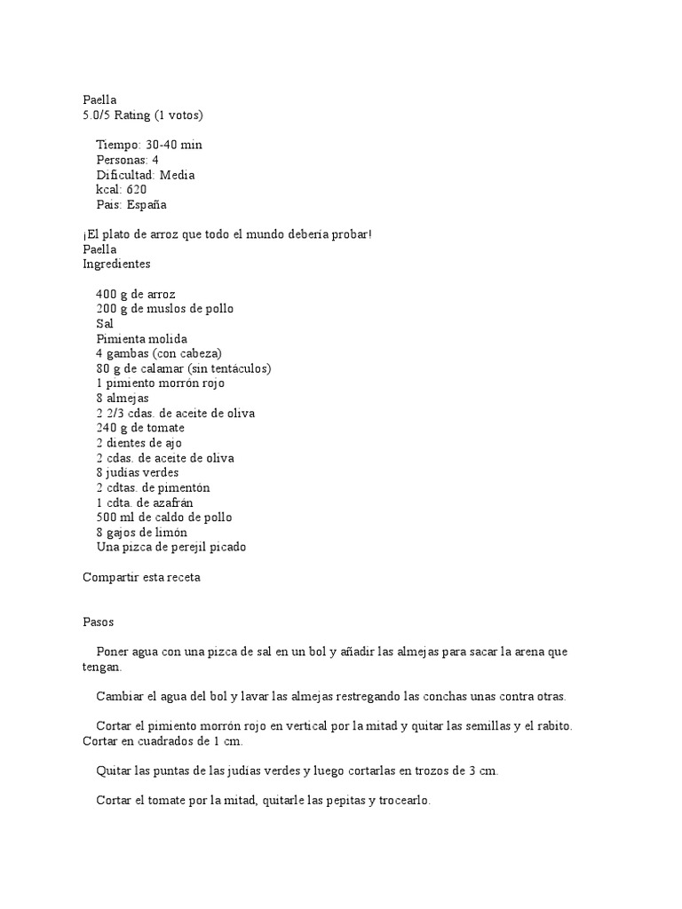 Receta de Paella Española Fácil | PDF