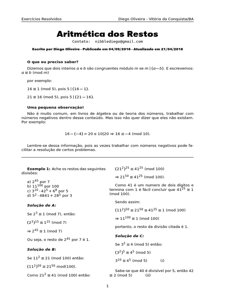 Exercícios Resolvidos: Aritmética Modular | PDF | Aritmética | Ensino ...