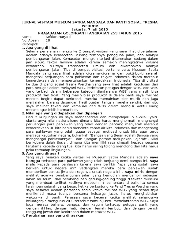 Jurnal Visitasi Museum Satria Mandala Dan Panti Sosial Tresna Werdha | PDF