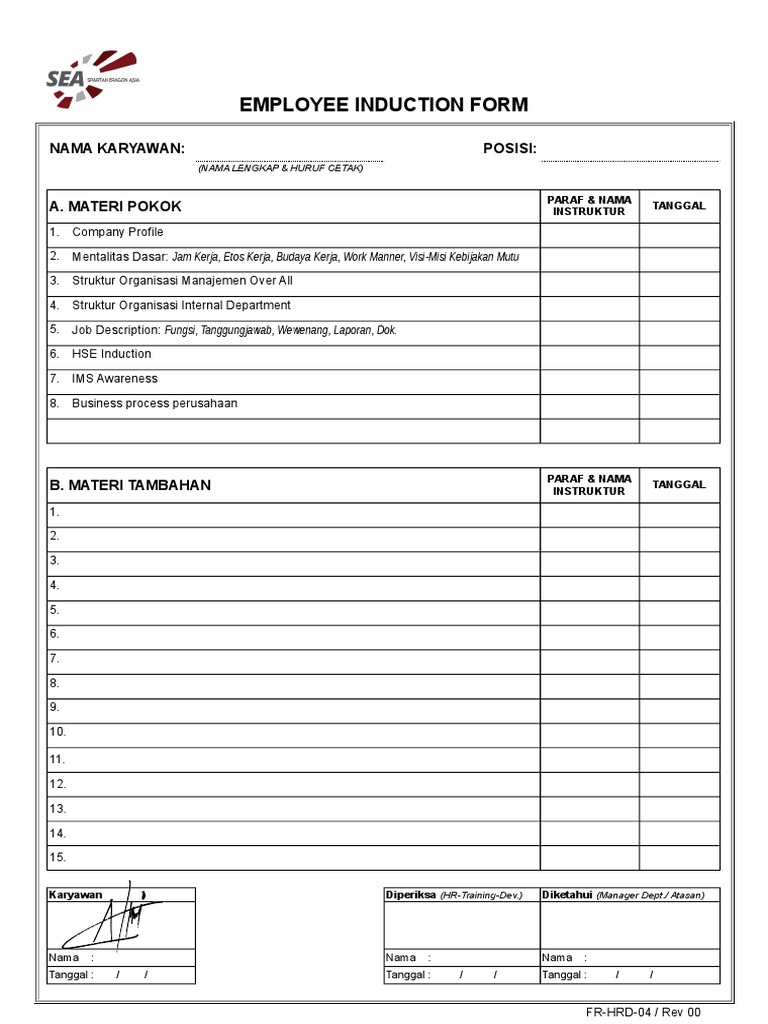 FR-HRD-04 Employee Induction Form | PDF