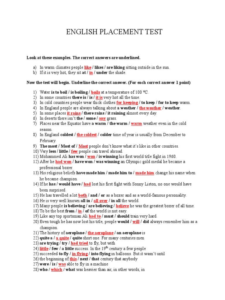 English Placement Test | PDF | Airplane | Flight